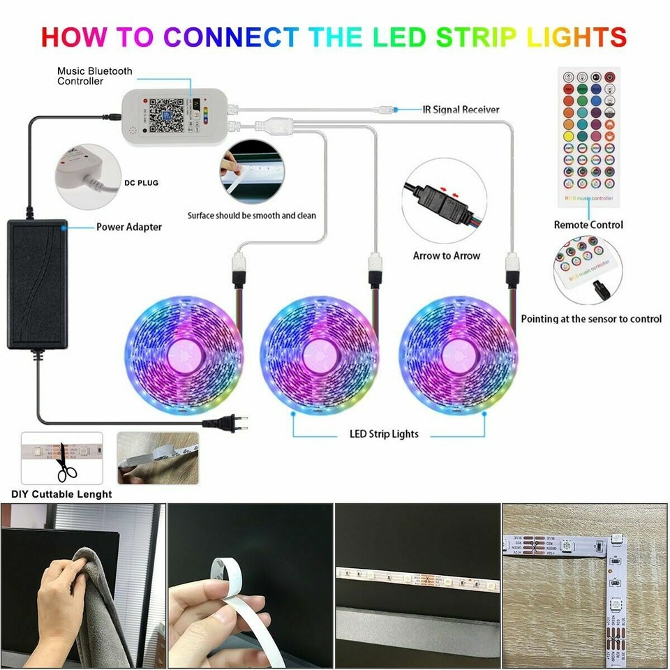 32ft 16ft LED Light Strip 5050 RGB Bluetooth Color Change Remote for ...