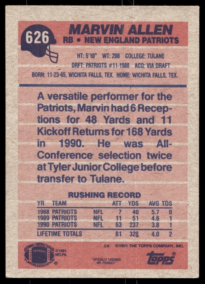 1991 Topps Marvin Allen G77 New England Patriots #626 | eBay