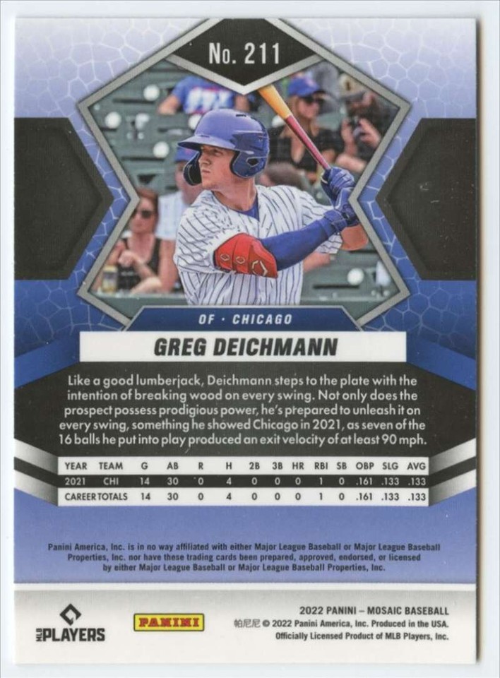 GREG DEICHMANN RC 2022 Panini Mosaic #211 ROOKIE MLB Cubs ID:52392 | eBay