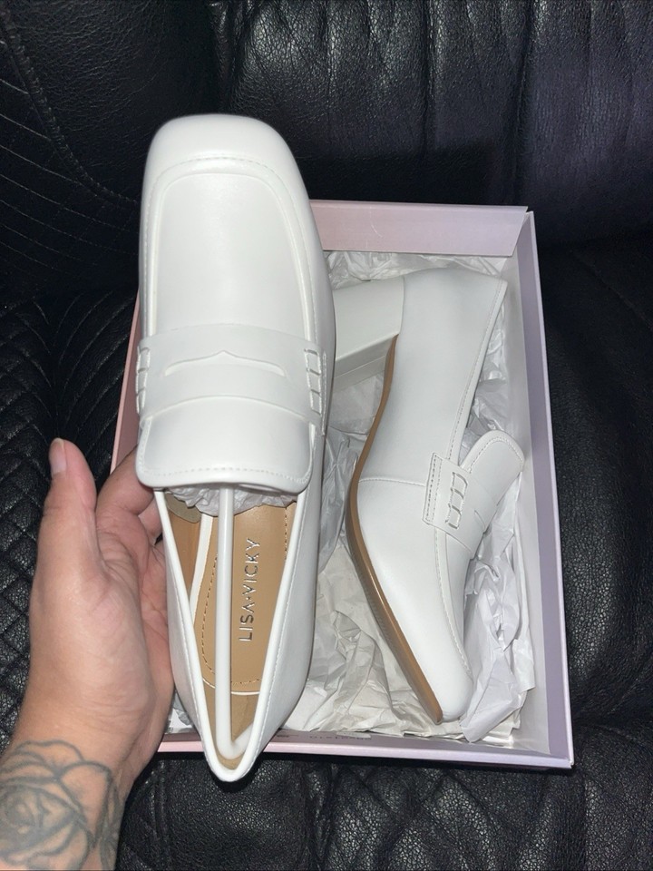 Lisa Vicky Nordstrom Moxie-V White Leather Block Heel Loafers | eBay