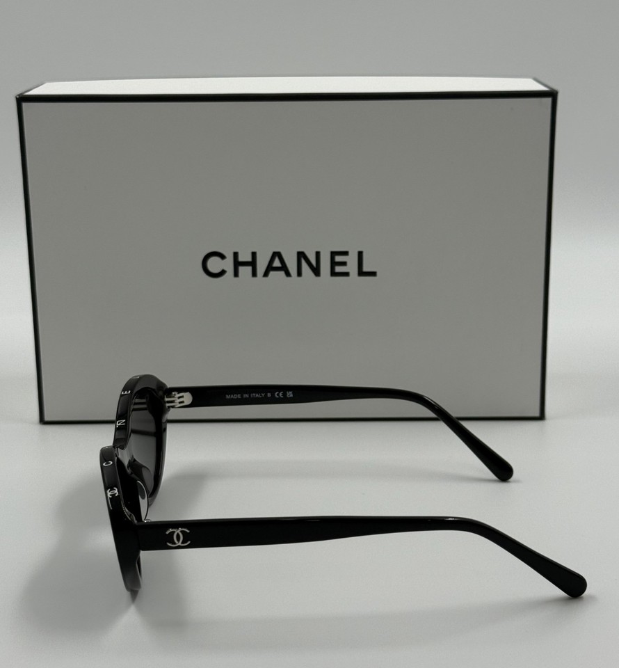 NEW CHANEL 5416 Oval Black Acetate & Gray Lens Sunglasses 100% ...