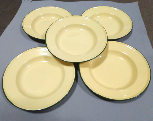 Set 5 pcs x 8" Yellow enamel Plates dinneware dishes enamelware Vintage ...