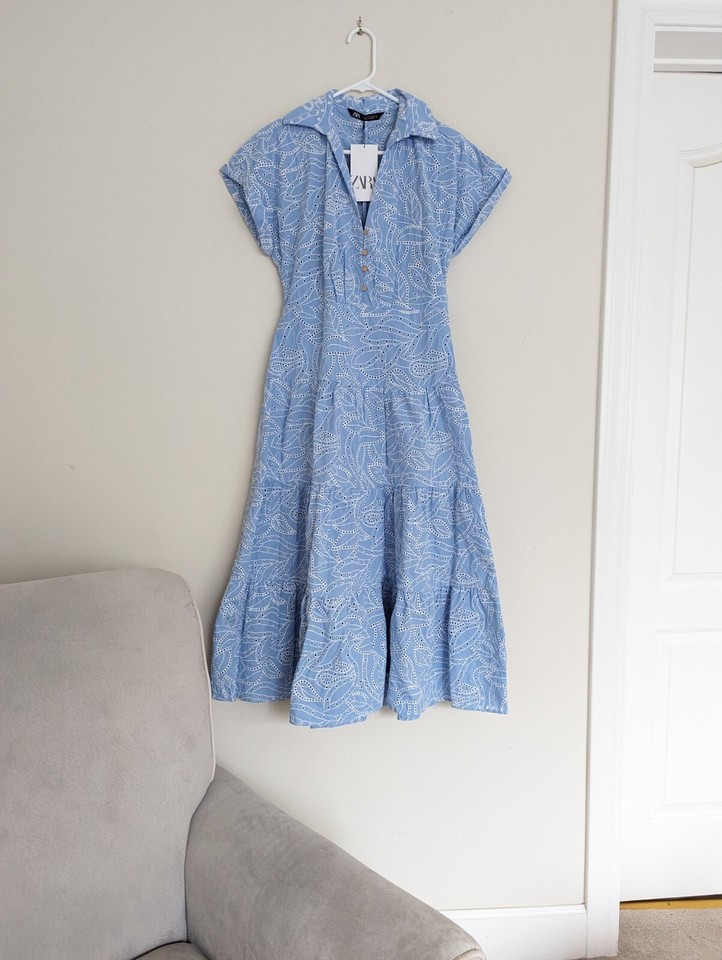 ZARA EMBROIDERED EYELET SHIRT DRESS CUTWORK EMBROIDERY BLUE WHITE XS S ...