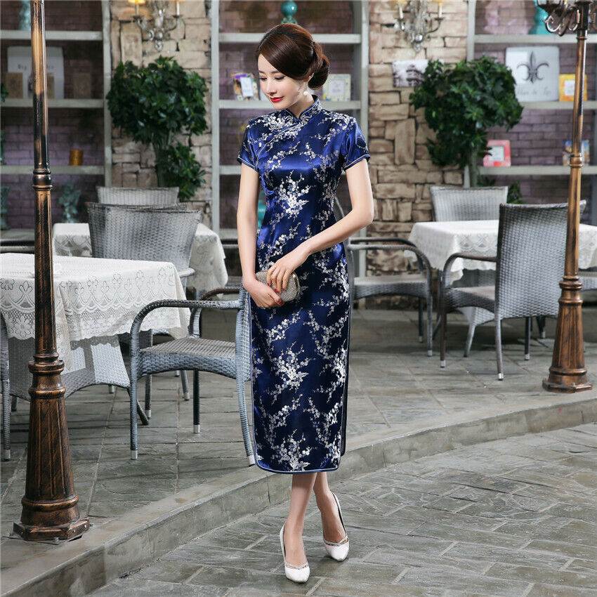 Chinese Traditional Long Cheongsam Women Silk Satin Dress Hanfu Qipao ...