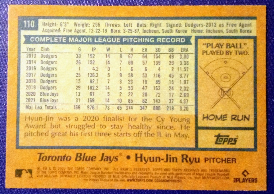 2022 Topps Archives #110 Hyun-Jin Ryu Toronto Blue Jays 🐦⚾ FREE ...
