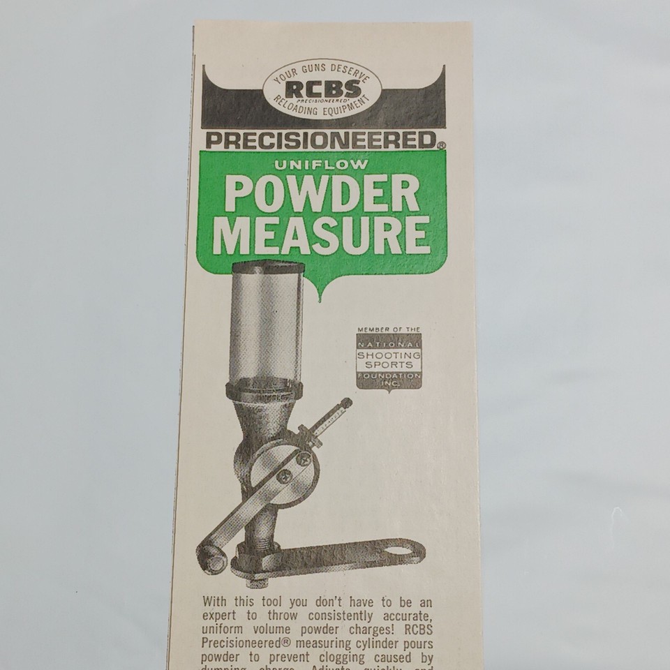 1967 VINTAGE RCBS PRECISIONEERED UNIFLOW POWDER MEASURE PRINT AD WITH ...