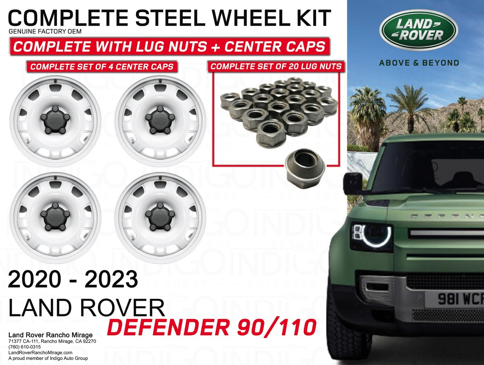 COMPLETE KIT DEFENDER FACTORY OEM STEEL 18" WHEEL + LUG NUTS + CENTER ...