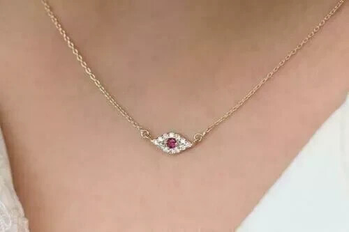 1.00Ct Round Cut Simulated Ruby Evil Eye Pendant Necklace 14K Yellow ...