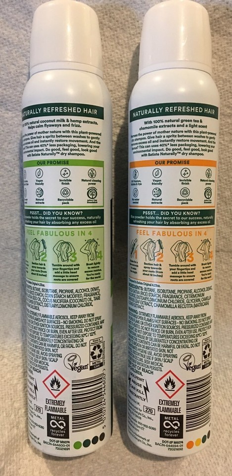 Batiste Naturally Plant Dry Shampoo (2 ) Lot Coconut Milk & Green Tea ...