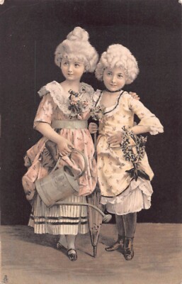 Pretty Little Colonial Girls with Watering Can on Old Tuck PC-Art ...