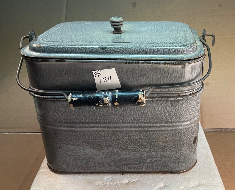 #184 GREY GRANITEWARE MINERS RAILROAD LUNCH PAIL 8 1/2"TALL +TIN CUP ...