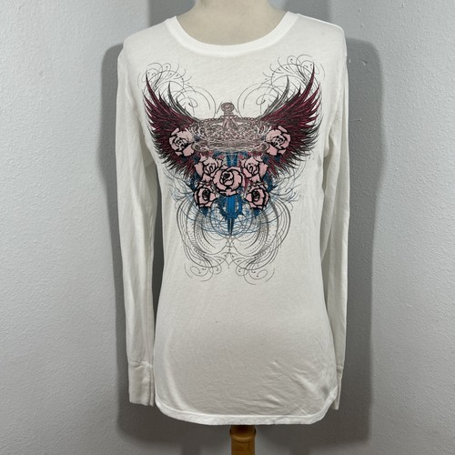 Stranded Shirt Womens L White Wings Burnout Graphic Crew Y2K | eBay