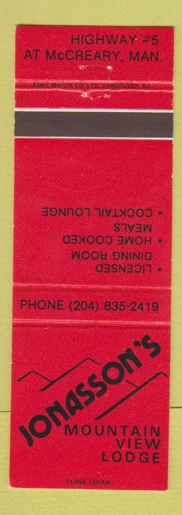 Matchbook Cover - Jonasson's Mountain View Lodge McCreary MB | eBay