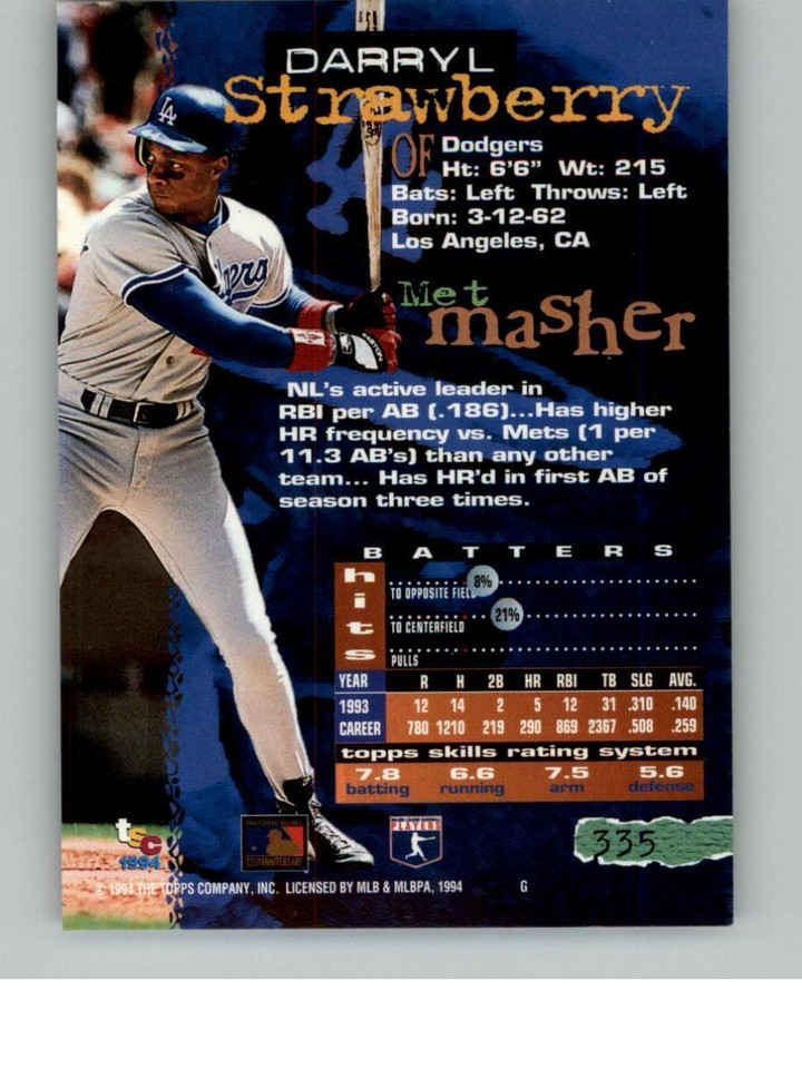 1994 Stadium Club Darryl Strawberry 335 Golden Rainbow Los Angeles ...