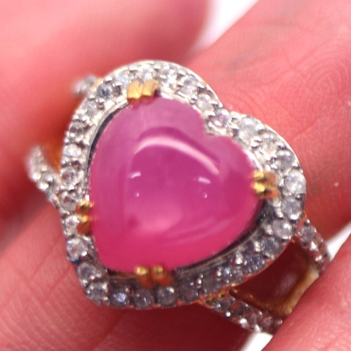 Heated 10 x 11 MM. Pink Ruby & Cubic Zirconia Ring 925 Sterling Silver ...