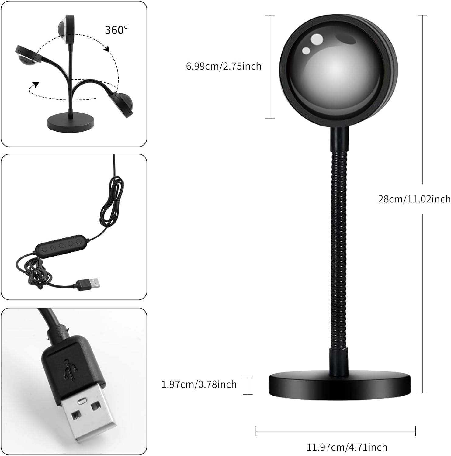 Sunset Lamp Projector with APP & Button Control, 360 Degree Rotation ...