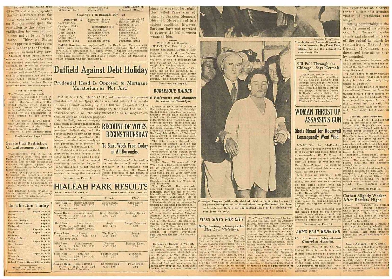 2-1933 February 16 ASSASSIN FIRES INTO ROOSEVELT PARTY. ASSASINATION ...