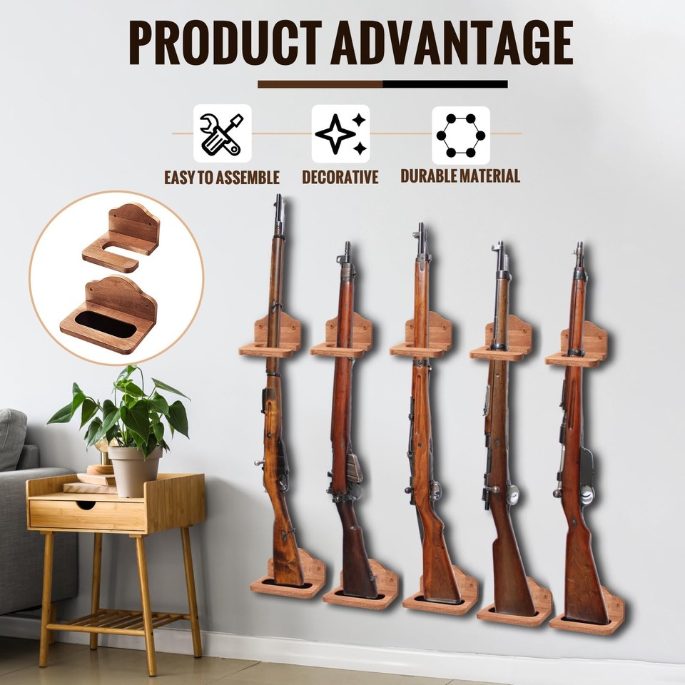 1 Set Vertical Gun Rack Hardwood Gun Rack Holder Wall Mount Brown Rifle ...