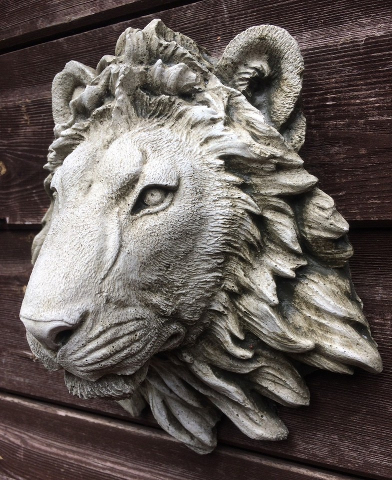 small Lion head wall plaque decorative stone home or garden ornament ...