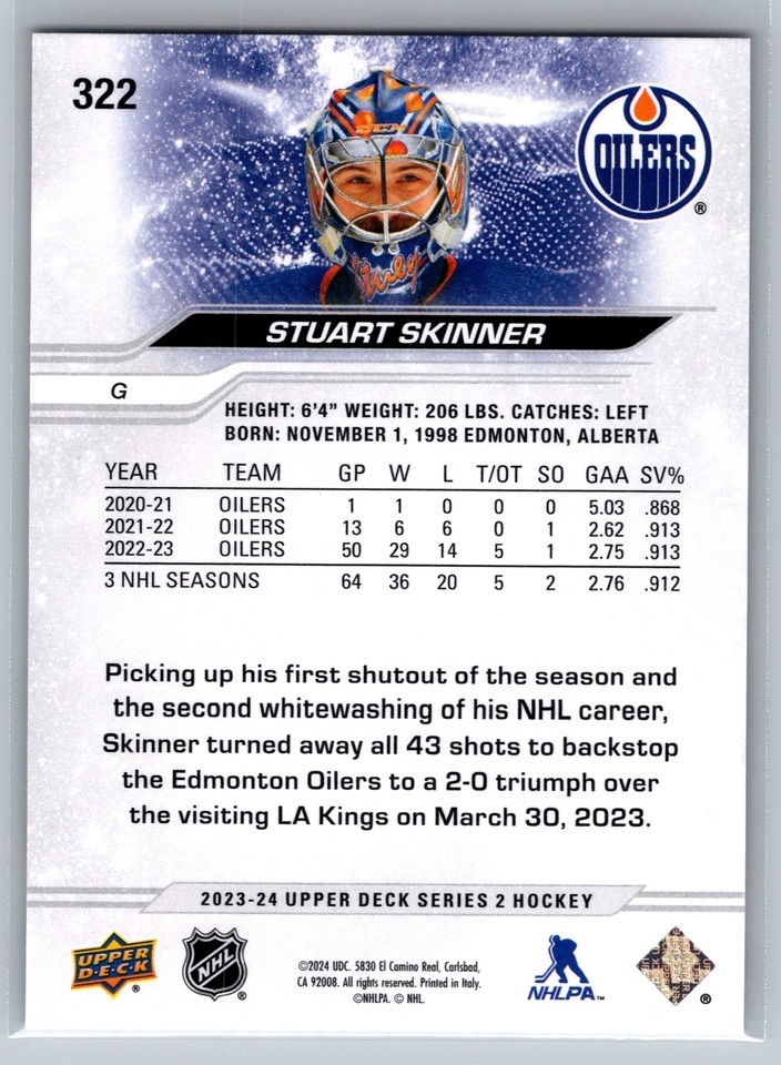 2023-24 Upper Deck #322 Stuart Skinner Edmonton Oilers | eBay