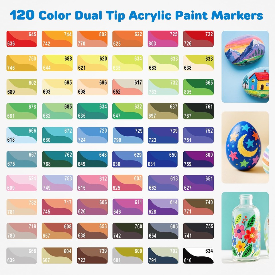 120 Colors Acrylic Paint Markers, Dual-Color Acrylic Paint Pens with 60 ...