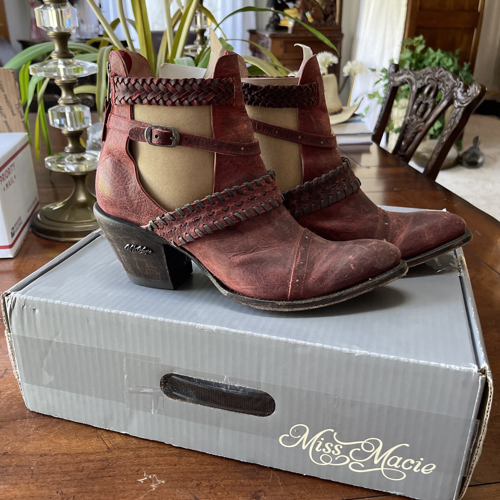 Miss Macie Western Straps Nails Boho Boots Bootie Red Zip Up Block Heel ...