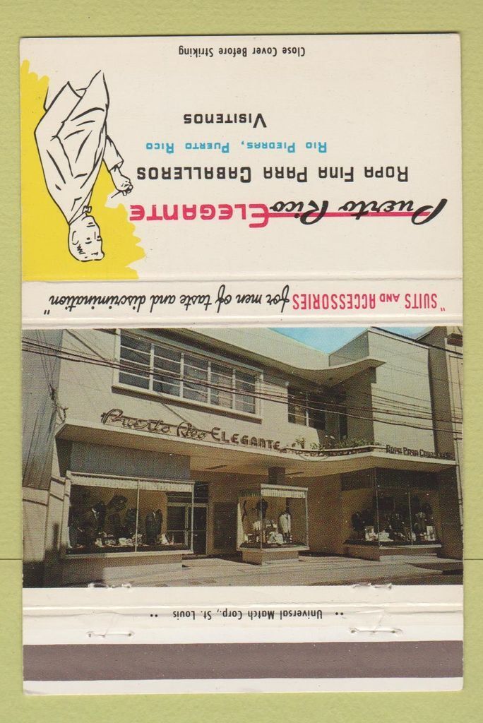 Matchbook Cover - Puerto Rico Elegante Men's Clothes Rio Piedras 40 ...