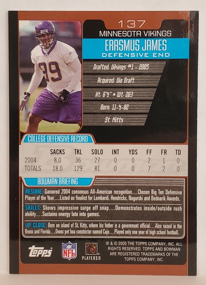 2005 Bowman Bronze #137 Erasmus James RC Minnesota Vikings | eBay