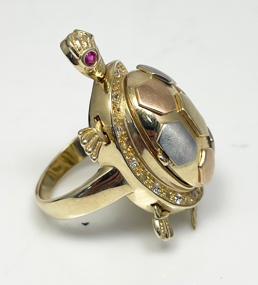 Ladies 14k Multi Color Gold Mechanical Turtle Ring w/ Secret ...