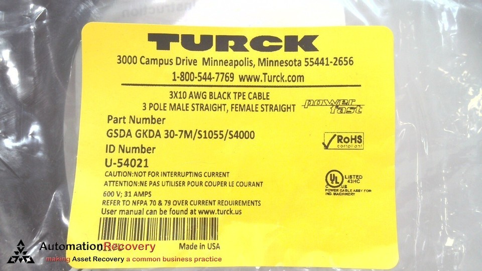 TURCK GSDA GKDA 30-7M/S1055/S4000, POWERFAST DOUBLE-END CORD, U-54021 ...
