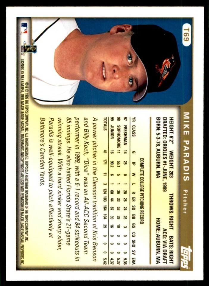 1999 Topps Traded Rookies Mike Paradis Rookie . Baltimore Orioles #T69 ...