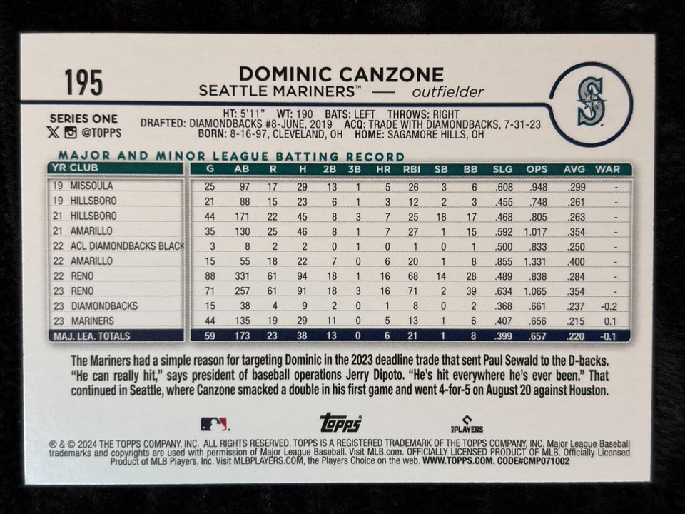 Dominic Canzone Seattle Mariners 2023 Topps RC Baseball Card #195 ...