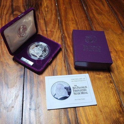 1992 P Ben Franklin Firefighters 1 oz. Silver Medal Coin Proof 99.9% ...