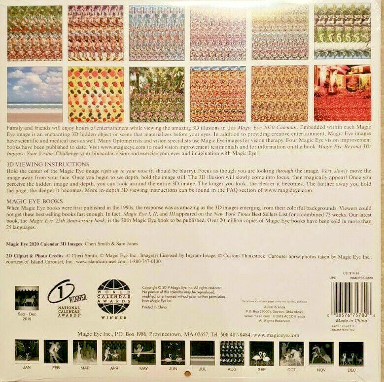 Magic Eye Amazing 3D Illusions 2020 Calendar 16 Months 12" X 24" LOWER ...