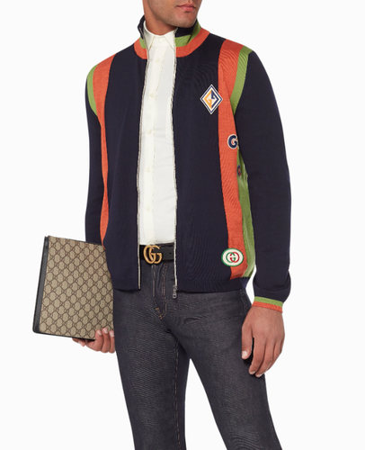 LUXURY Auth Men's GUCCI GG PATCH WOOL Blue Full Zip Sweater - L | eBay