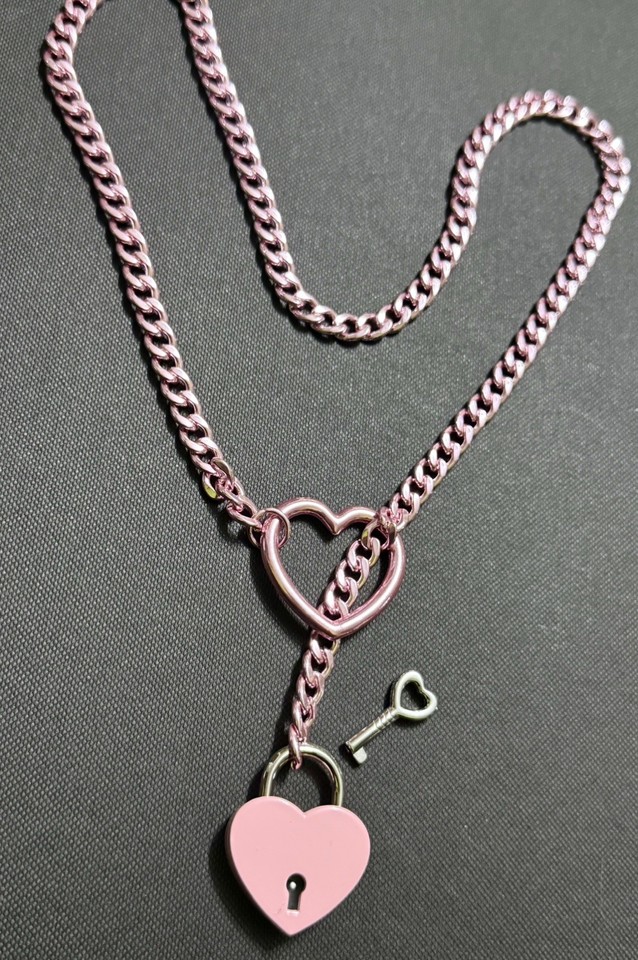 Pastel Pink Heart Padlock Key Slip Chain Choker Necklace Kink Roleplay ...