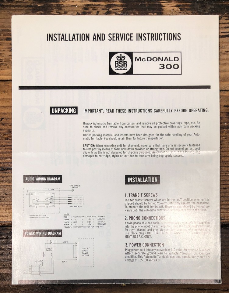 BSR McDonald Model 300 Record Player / Turntable Service Manual ...