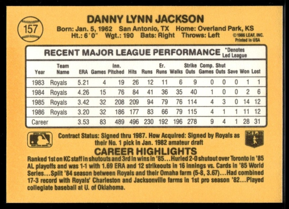 1987 Donruss #157 Danny Jackson Kansas City Royals | eBay