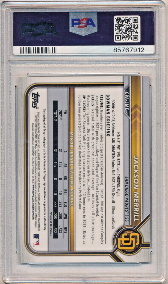 2022 Bowman Chrome Jackson Merrill Autograph Auto 1st PSA 10 GEM MINT ...