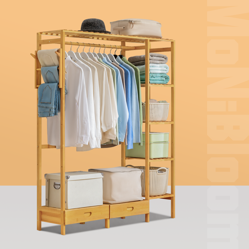 48"Natural Bamboo[CLOTHES RAIL+PANT RACK+DUAL DRAWER]Coat Storage ...