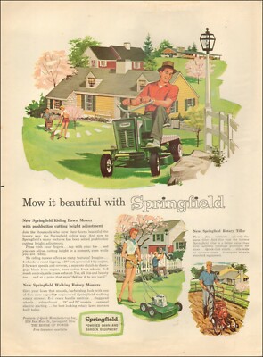 1958 Vintage ad for Springfield Riding Lawn Mower Art retro House Green ...