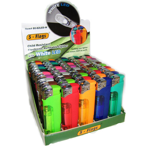 50 Pack 5-Flags Refillable Butane Lighter Ass. Colors White LED #80 ...