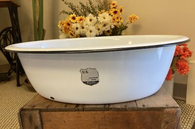 Large Enamel Ware Tub Basin Wash Bowl 20” White Black Baby Bath ...