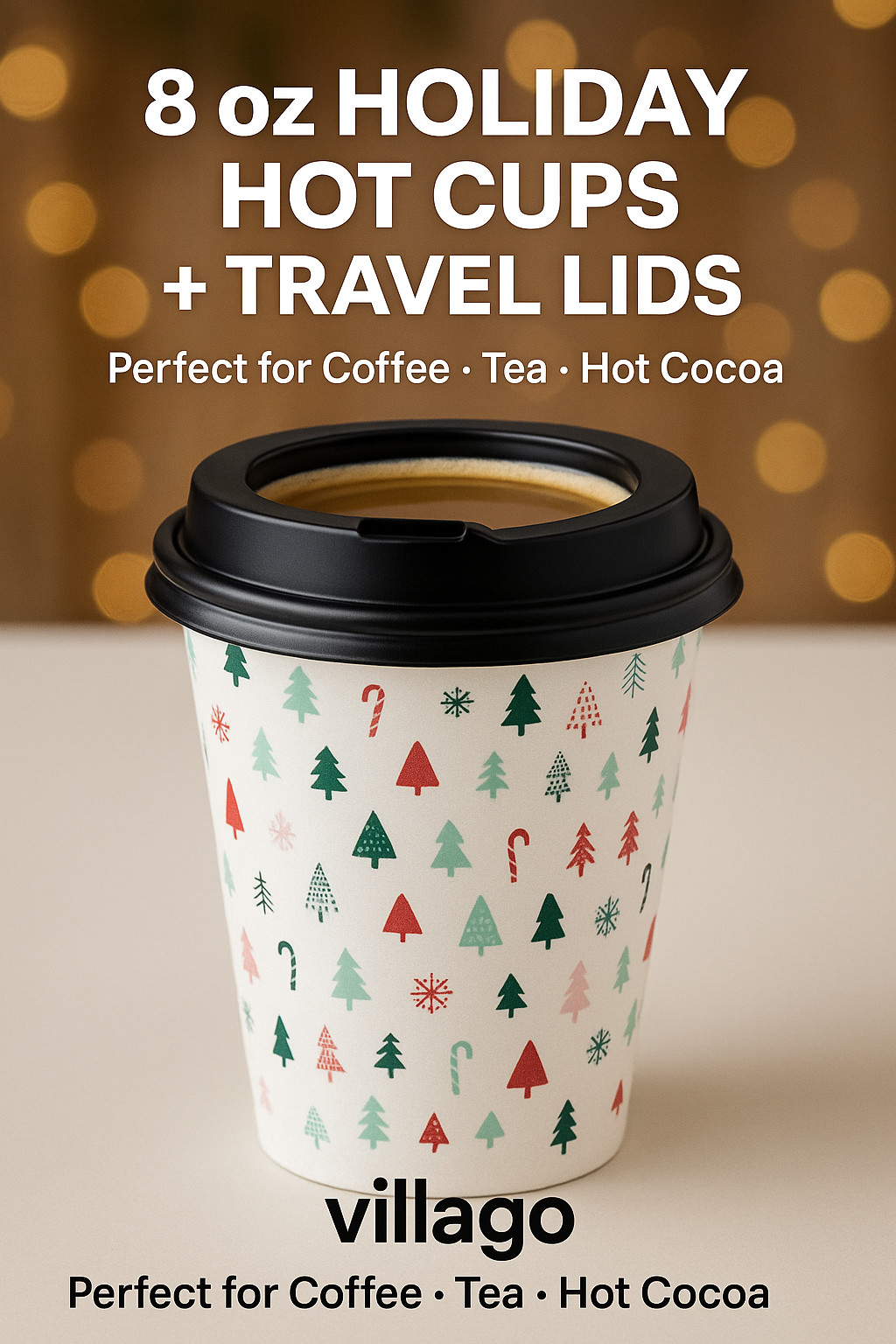 8 oz Holiday Coffee Cups with Lids, Leak-Resistant Hinged Tab Bulk