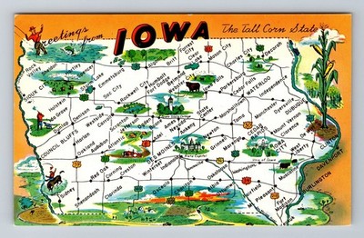 IA-Iowa General Greetings Map Landmarks Vintage Postcard Standard ...