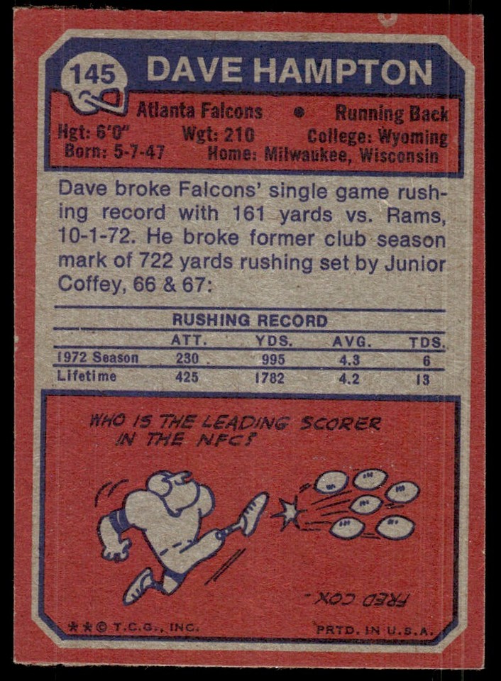 1973 TOPPS DAVE HAMPTON RC ATLANTA FALCONS #145 | eBay