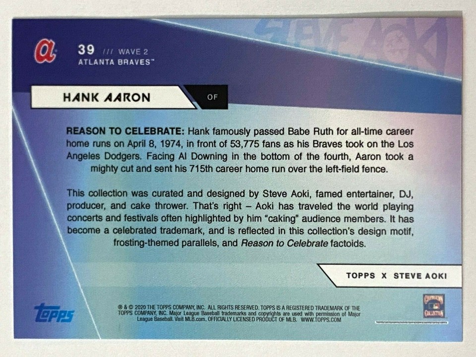 Hank Aaron 💥 Steve Aoki 2020 Topps X Wave 2 Atlanta Braves #39 | eBay