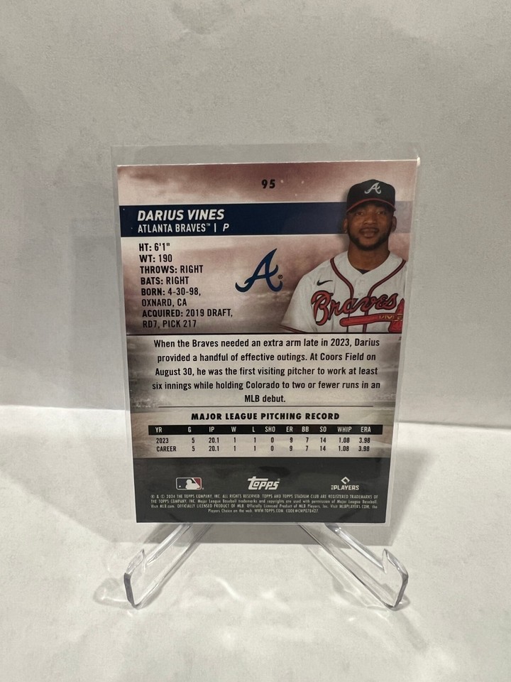 2024 Topps Stadium Club Darius Vines Black and White #95 Atlanta Braves ...