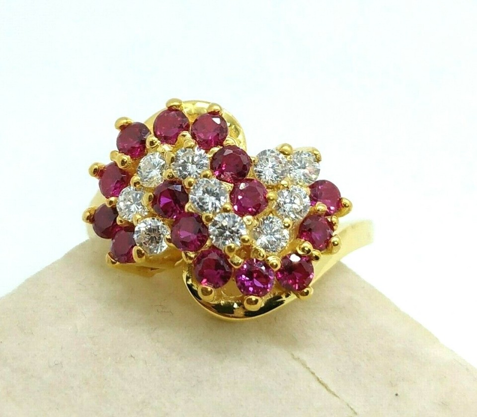 1/2Ct Simulated Ruby & CZ Yellow Gold Plated Silver Cluster Engagement ...