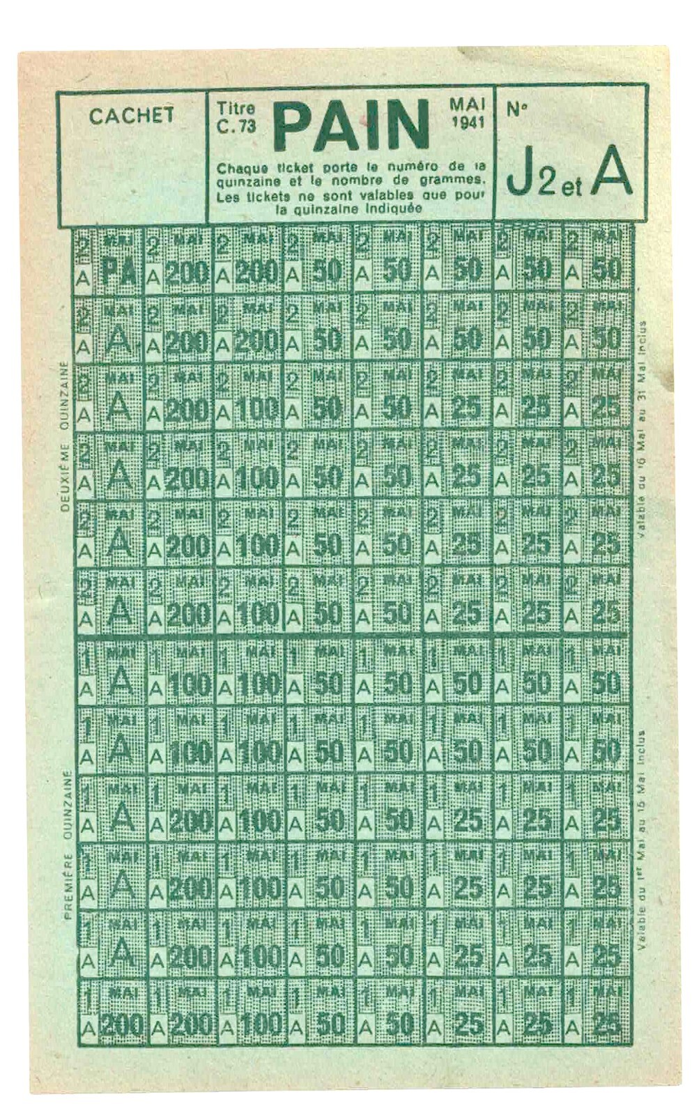 France PAIN Ticket rationnement sans cachet MAI 1941 J1 V Titre C 72 ...